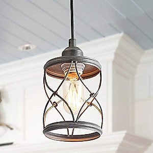 LALUZ Pendant Lighting for Kitchen Island, Hallway, Rustic Industrial Cage Hanging Fixture, Silver Brushed, Mini Size, 4.75 Inches