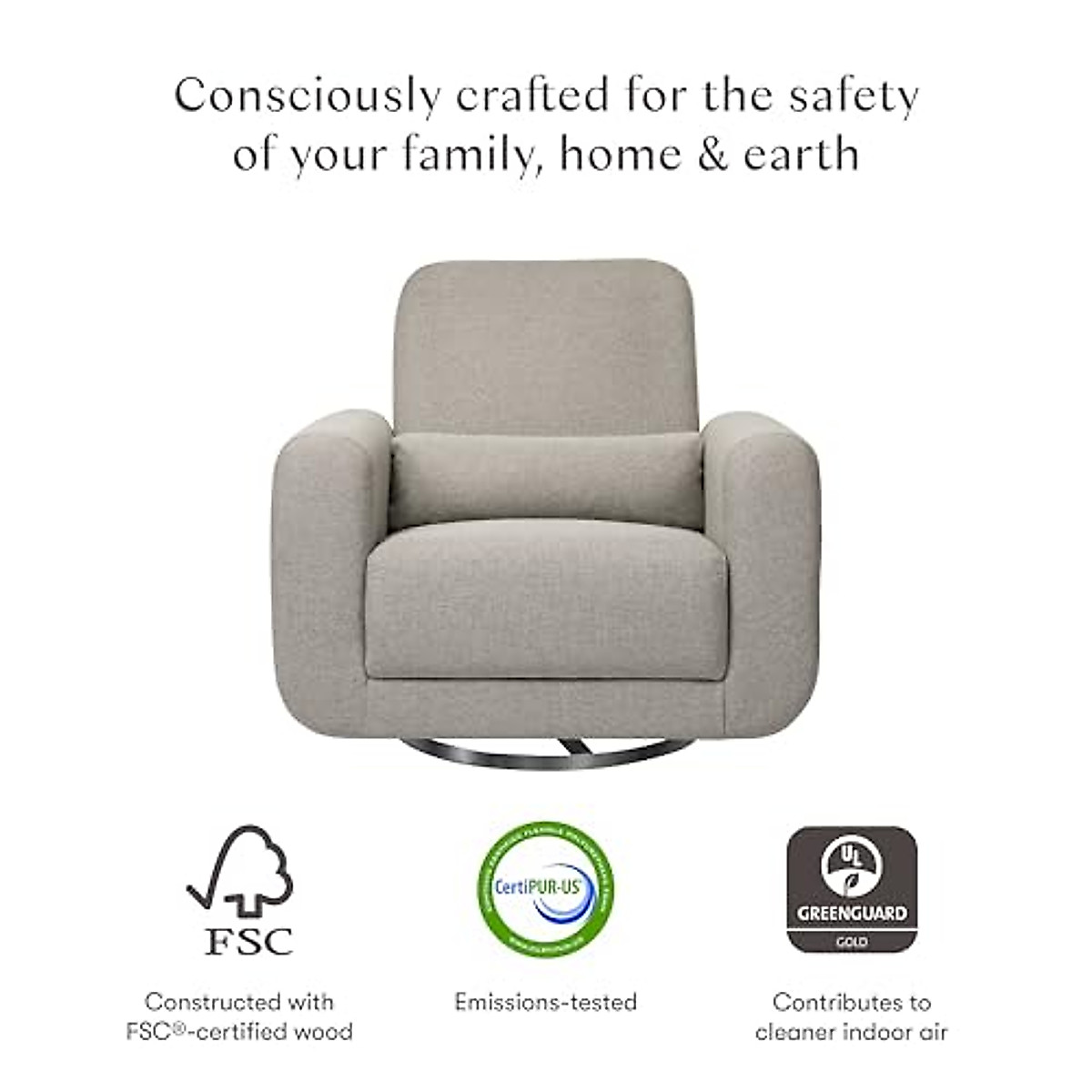 Babyletto Tuba Glider in Performance Grey Eco-Weave with Silver Base, Water Repellent & Stain Resistant, Greenguard Gold and CertiPUR-US Certified