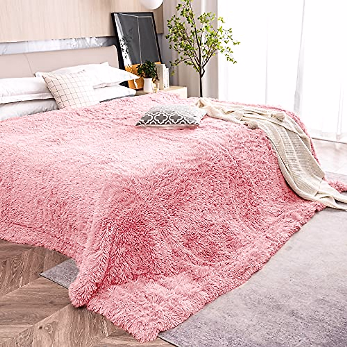 Pawque Luxury Faux Fur Throw Blanket Super Soft Oversized Throw Blankets, 90x90 inches, Decorative Blankets for Sofa Couch Bed Chair Photo Props, Breathable & Washable, Bright Pink