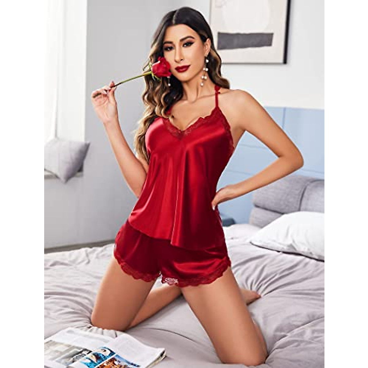 Avidlove Women's Sexy Silk Satin Pajamas Sets Lace Trim Cami Tops Shorts Sleepwear Wine Red X-Large