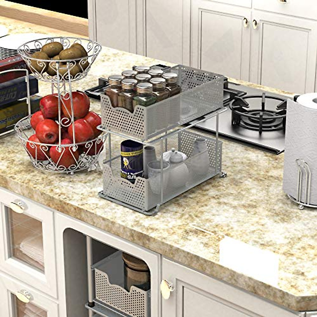 SimpleHouseware 2 Tier Sliding Cabinet Basket Organizer Drawer, Silver