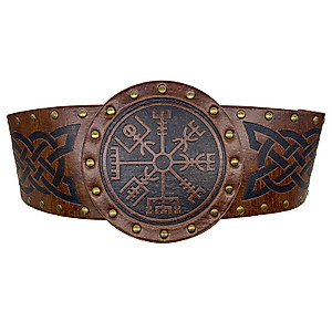 HiiFeuer Viking Embossed Wide Belt, Nordic Faux Leather Armor Belt Knight Corset Belt, LARP Halloween Costume (Brown A)