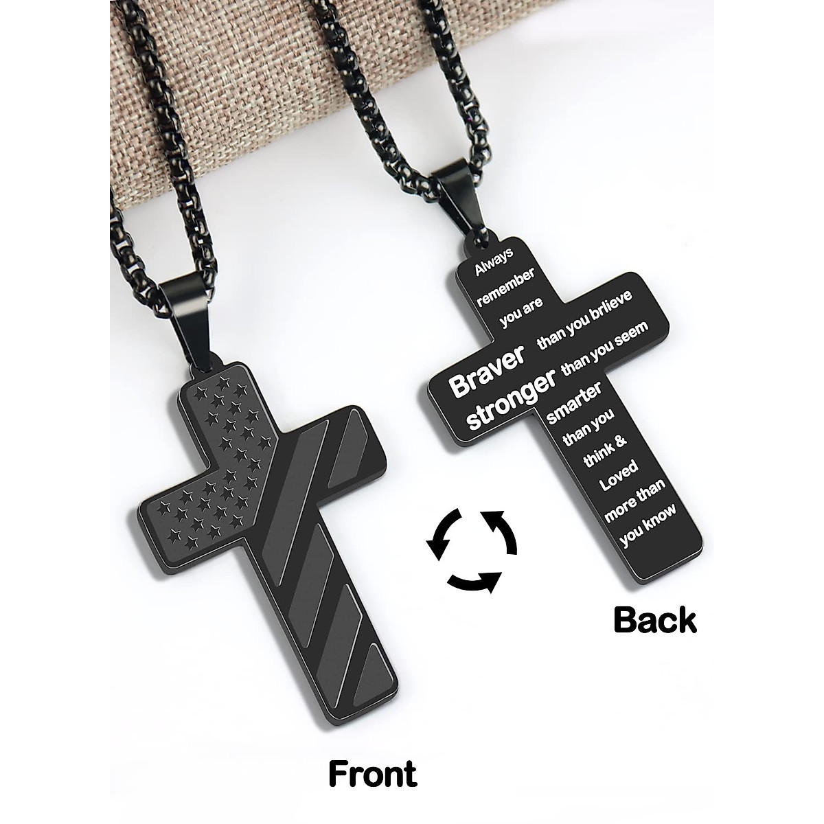 REGIS American Flag Cross Necklace， Stainless Steel Chain with 24-Inch Bible Verse Lord's Prayer Pendant - Men's Patriotic Religious Christian Gift (Always remember, black)