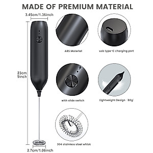 Homradise Milk Frother Rechargeable, Electric Milk Frother Handheld USB-C Powerful Coffee Frother Milk Foam Maker for Coffee Latte, Cappuccino, Mocha, Macchiato, Frappe and Protein Powder -Black