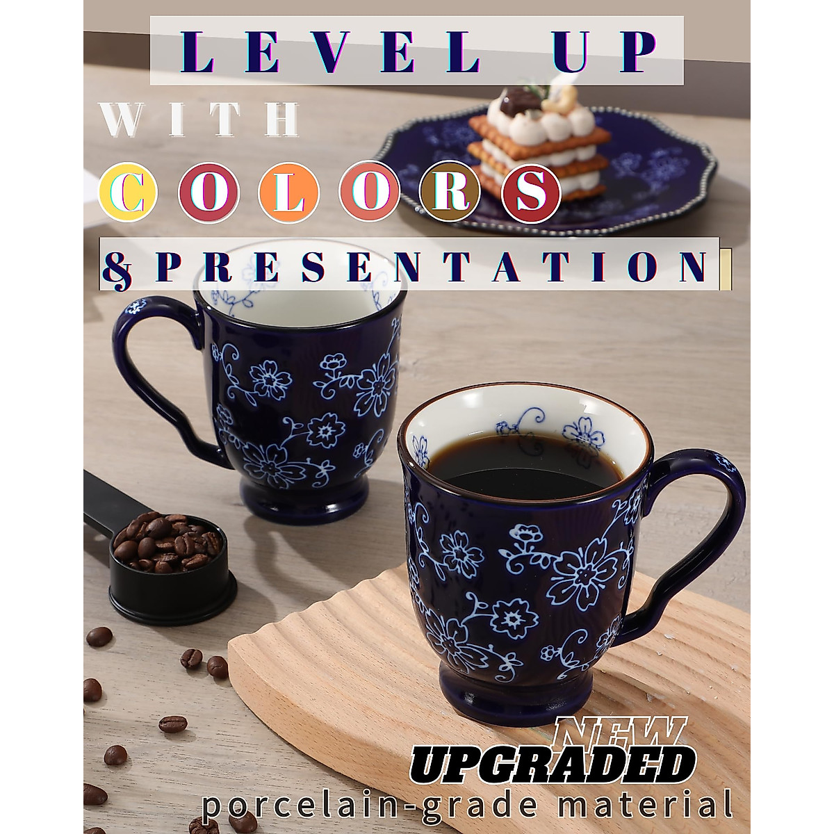 KUNABOO Artisanal Ceramic Mugs, Ceramic Coffee Cups, Coffee Mug Set of 2-11 oz -Sakura Floral Series Midnight Blue - Ready to Wrap Gift