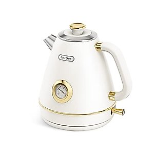 Hazel Quinn Retro Electric Kettle - 1.7 Liters / 57.5 Ounces Tea Kettle with Thermometer, All Stainless Steel, Fast Boiling 1200W, BPA-free, Cordless, Rotational Base, Automatic Shut Off - Pearl White