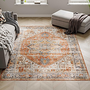 Dripex 5x7 Area Rugs, Machine Washable Non Slip Distressed Boho Rugs, No Pile Lightweight Vintage Rug, Floor Carpet for Living Room,Dining Room,Bedroom and Office,Orange