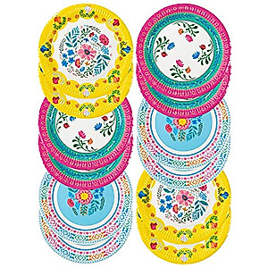 Talking Tables 12 Pack 9” Boho Colorful Floral Paper Plates Disposable Tableware | Festival themed Bohemian décor Partyware, Summer Picnic, Kids Birthday Encanto Party, Pink Blue Yellow