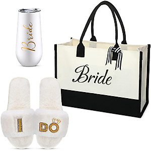 Karenhi 3 Pcs Bride to Be Gifts Set, Include Bride Tumbler Champagne Flutes Wifey Tumbler, Bride Tote Bag Bridal Shower Gift Bag, Women's I Do Slippers for Bride Engagement Weddings Bachelorette Party