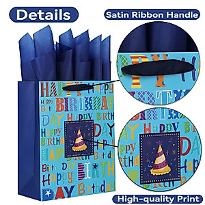 13" Large Blue Gift Bag Set with Greeting Card and Tissue Paper(Colorful Happy Birthday Text) for Boys’, Girls’ or Kids' Birthday Party, Men's or Women's Birthday Parties, Baby Shower - 10.2”x5.2”x13”, 1 Pcs.