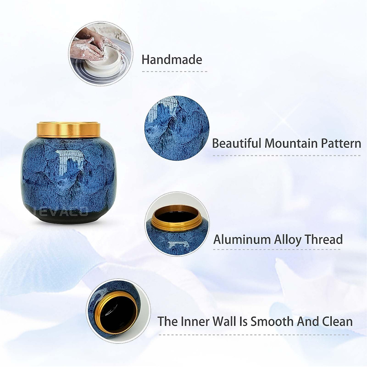 Blue Handmade Ceramic Urn for Ashes - 6.7 fl oz (0.8 Cup) Memorial Keepsake (3.15" H) with Secure Aluminum Lid, Small Urn for Pets, Children & Sharing Adult Ashes