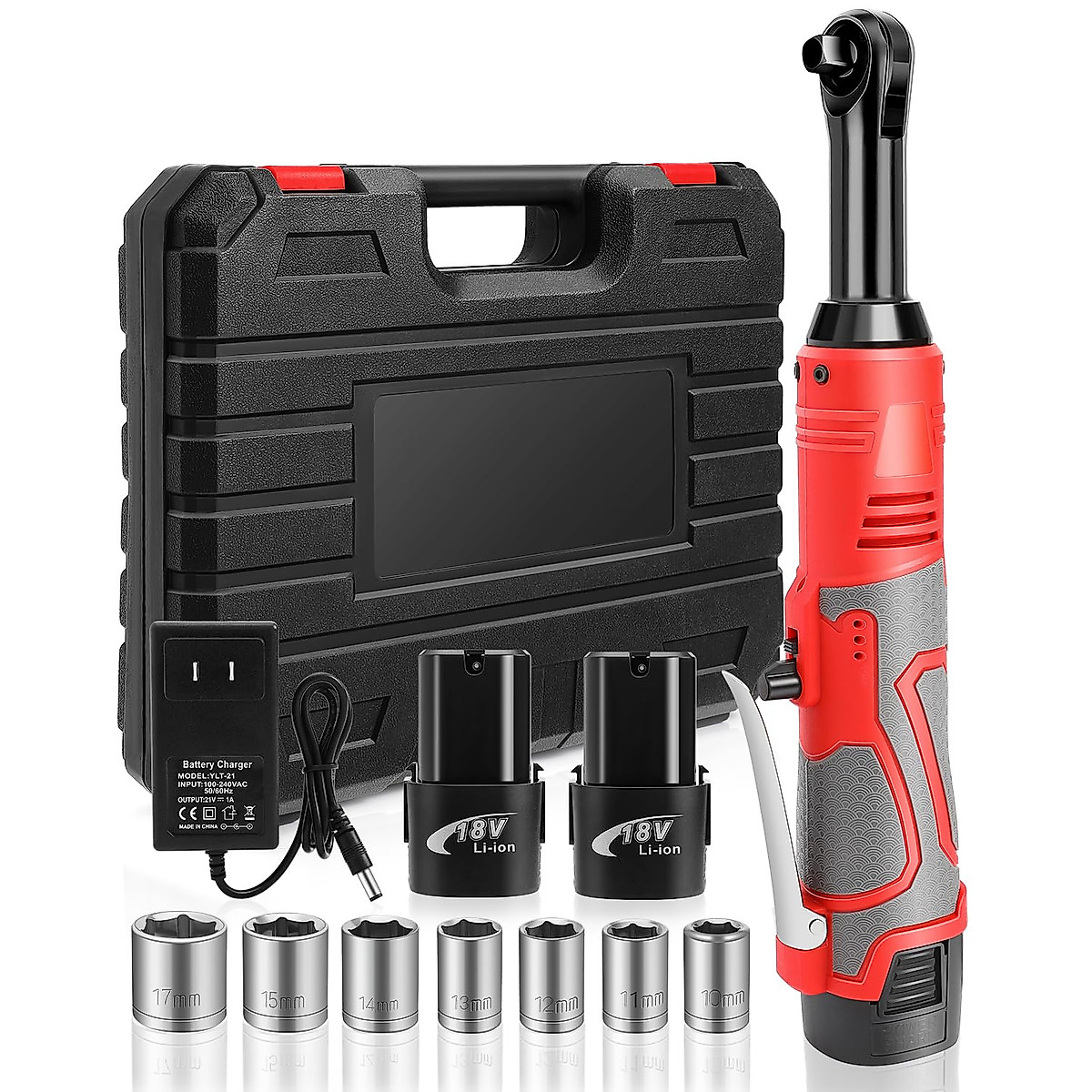 FAHKNS 18V Extended Cordless Ratchet Wrench 3/8 Electric Wrenches Set 45 ft-lbs (60 N.m) 400RPM Power,2 Battery 2.0Ah Lithium-Ion,7 Sockets (10/11/12/13/14/15/17mm) And Charger,Variable Speed Trigger