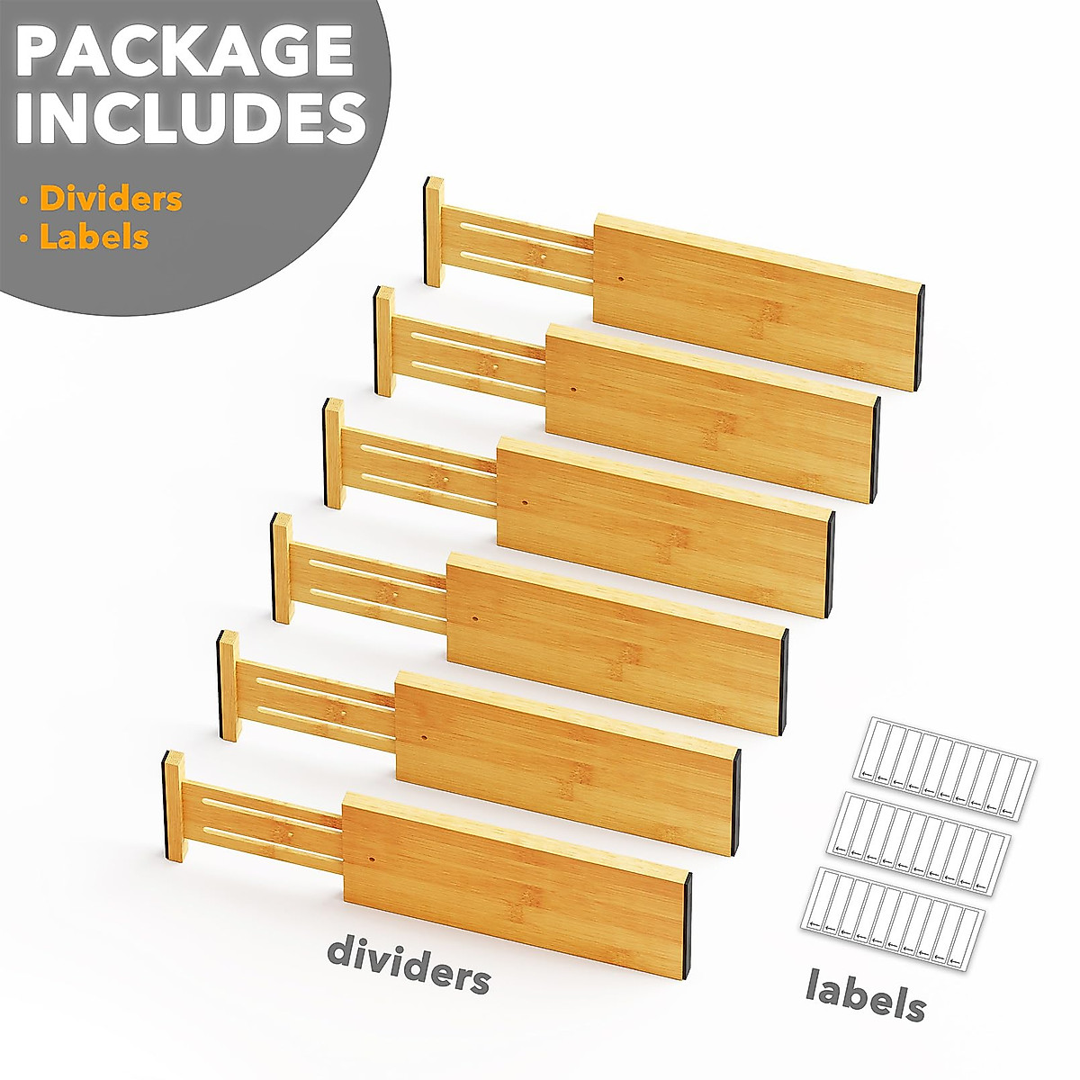 SpaceAid Bamboo Dresser Drawer Dividers 6 Pack, 4.65“ High Adjustable 12.5“-17” Drawer Organizers, Expandable Organization for Clothing, Clothes, Dressers, Natural