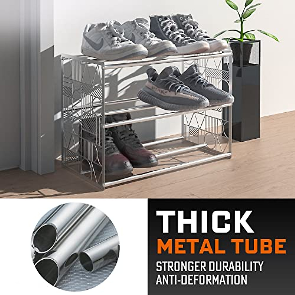 NiHome Silver 3-Tier Shoe Rack - Geometric Patterned Multi-Layered Organizer for Small Spaces with 6 Pair Storage Capacity, Ideal for Closets, Hallways, Entryways, Living Rooms and Bedrooms