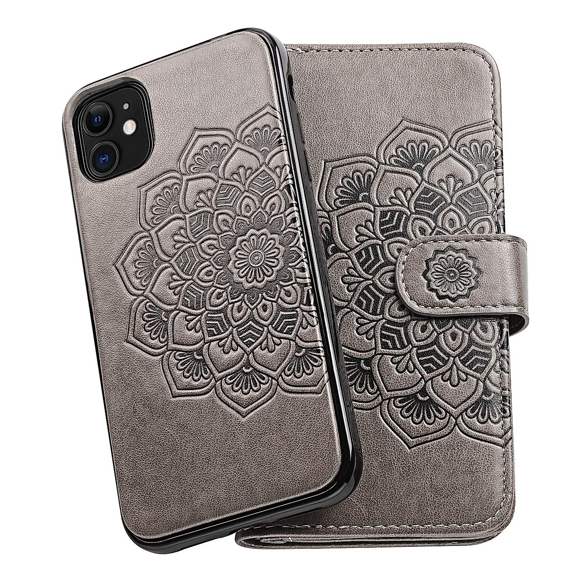 Vofolen 2-in-1 Case for iPhone 11 Case Wallet Credit Card Holder ID Slot Detachable Hybrid Protective Slim Hard Shell Magnetic PU Leather Folio Pocket Flip Cover for iPhone 11 6.1 inch Mandala Grey