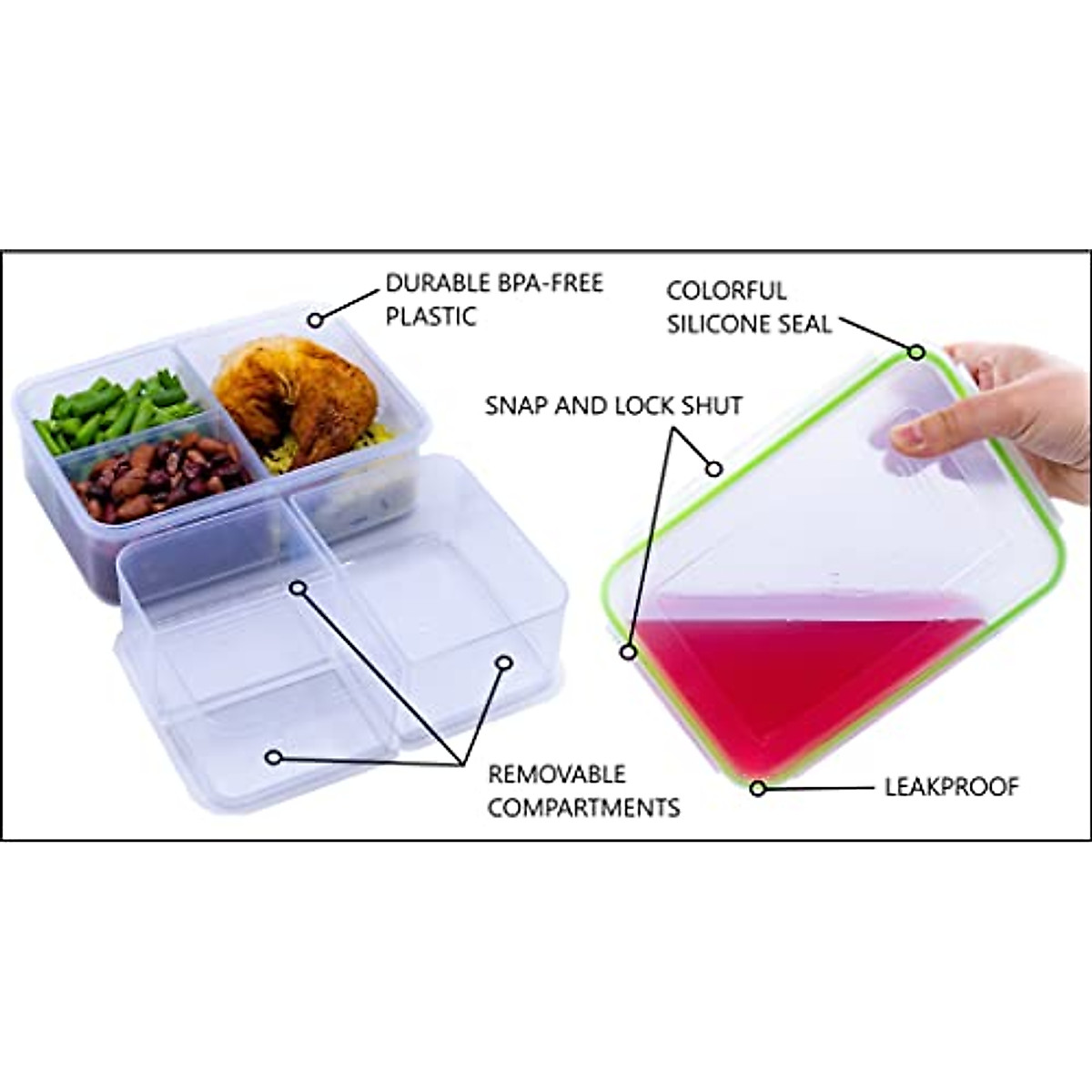 Kitchen & Cabana Set of 3 - Bento Lunch Boxes (3 Removable Compartments) - Snap Shut & Lock Closed, Leak Proof Food Containers, Multi-Colored. Perfect for Work, Travel and Anytime You're on the Go.