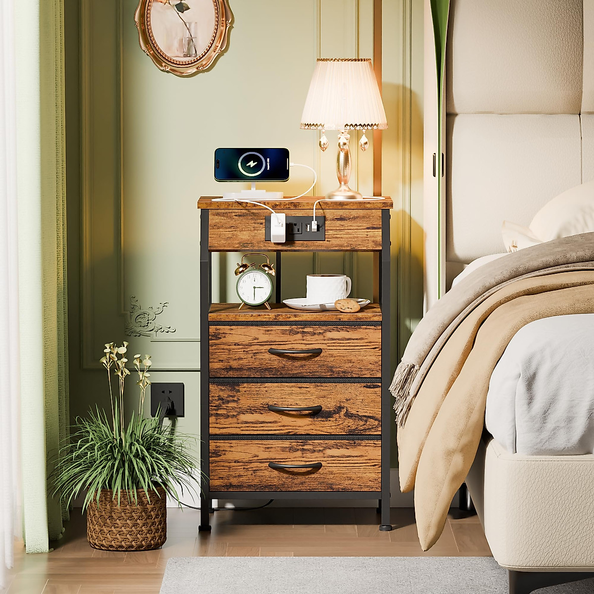Furnulem Night Stand with Charging Station, Small Bedside Table with Wood Shelf, End Table with USB Ports & Outlets, 3 Fabric Drawers Side Table for Bedroom, Closet, 3 Ways to Use, Rustic Brown