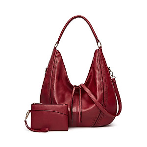 GJGJTER Women Vintage Hobo Shoulder Crossbody Bag Tote Handbag with Tassel Satchel 2pcs-Wine