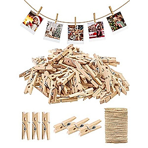 Sturdy Mini Clothes Pins for Photo, 150 Pcs 1 Inch Natural Wooden Clothespins with 33 FT Jute Twine, Small Clips for Crafts Display, Baby Shower Game, Hanging Decorative Pictures, Cocktail, Weddings