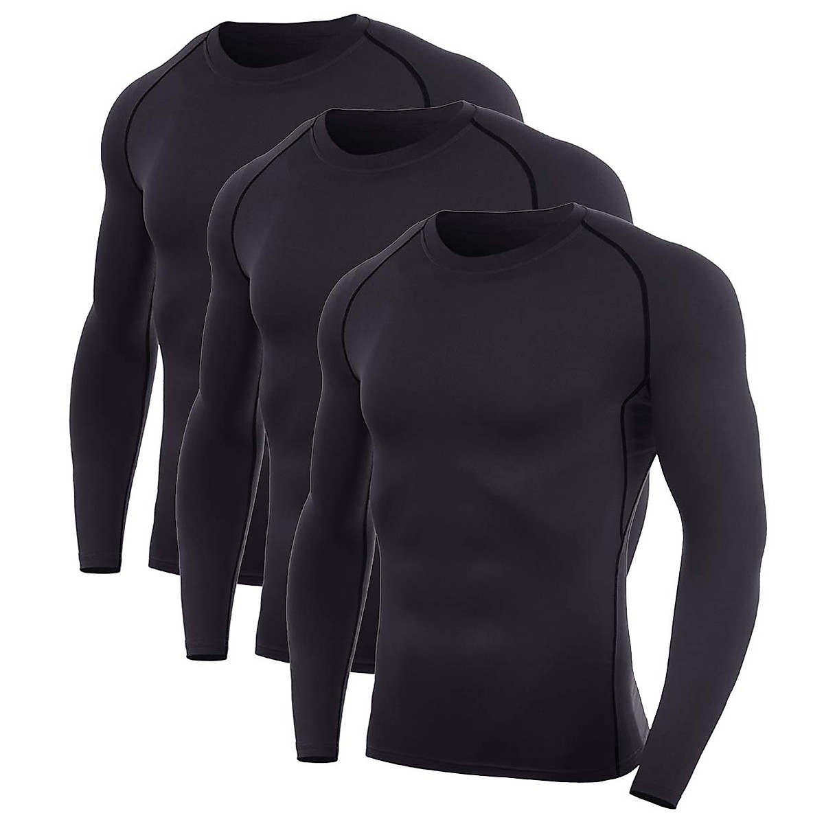SILKWORLD Men's Long-Sleeve Compression Shirt Base-Layer Running Top, 3 Pack: Black#3, L