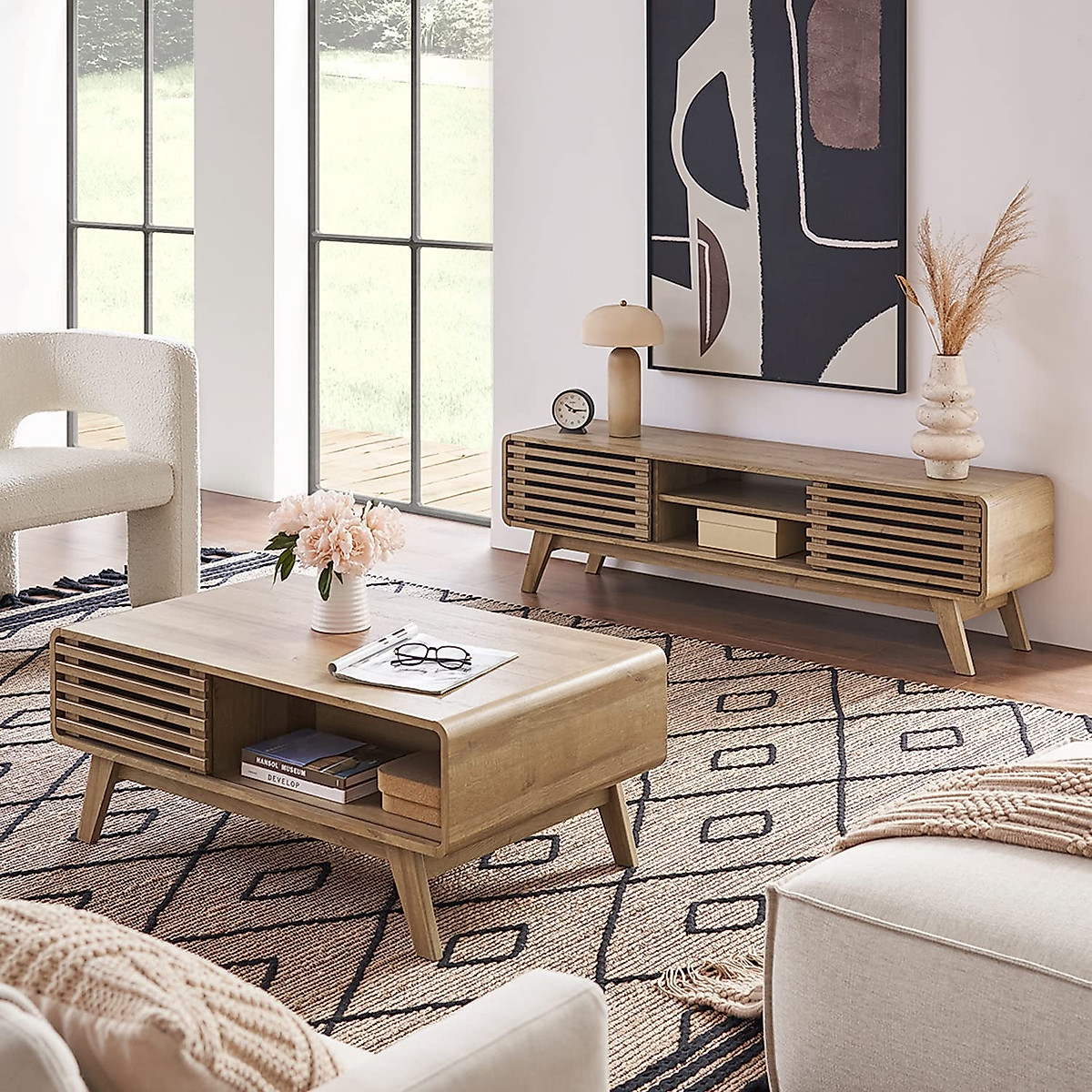 mopio Ensley TV Stand, Mid-Century Modern Television Stand for 55/60/65 inch TV, Farmhouse Entertainment Center with Storage, Media Console Credenza Table for Living Room, Bedroom (Oak, 59")