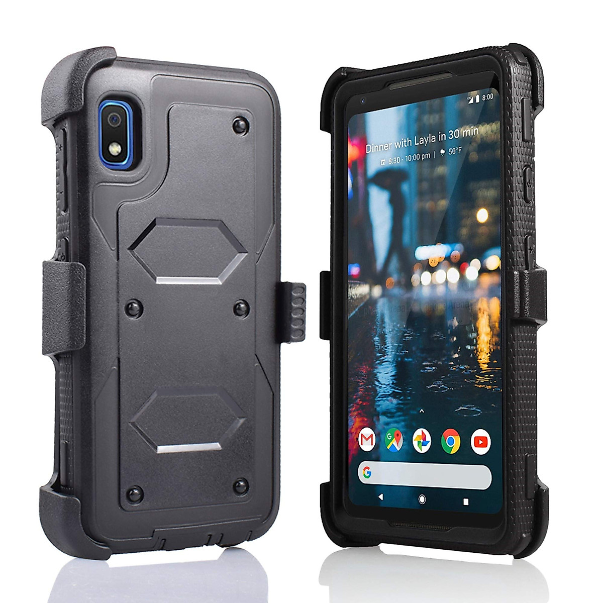 A10E Case, for Samsung Galaxy A10E Full Body Armor Rugged Holster Defender Hybrid Tough Case with 360 Swivel Belt Clip Kickstand & Built in Screen Protector (Black)