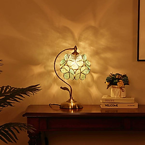 Bieye L10733 Tiffany Style Stained Glass Flower Petal Table Lamp with Brass Base for Home Décor (Light Blue, 8" Cherry Blossom)