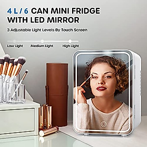 Ecowell WRE110 Mini Bedroom, 4L/6 Can Skincare Fridge with LED Mirror, AC/DC 12V Small Refrigerator for Skin Care Cosmetic Makeup Beauty Office Dorm Desk, White