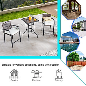 LOKATSE HOME 3 Piece Outdoor Patio Bar Stool Set with High Top Square Table Wicker Conversation Furniture, White