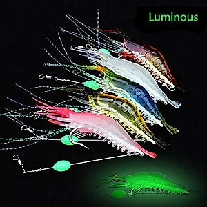 OriGlam 5pcs Soft Luminous Shrimp Lure Set, 5 Colors Shrimp Bait Shrimp Lures Fishing Bait with Hooks Beads Fishing Tackles for Freshwater Saltwater Bass Trout Catfish Salmon