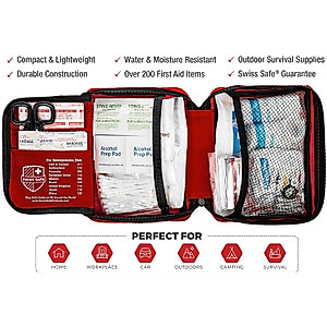 Swiss Safe 2-in-1 First Aid Kit for Car, Travel & Home, Businesses - Bonus Mini Kit for Medical Emergency Aid, Survival, Camping - FSA & HSA Eligible - 200 Pcs, Medium FAK