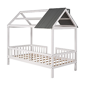 Bellemave Twin House Bed Kids Montessori Beds Playhouse Bed Tent Bed, Solid Wood Platform Bed Frame with Fence and Roof for Kids Teens Girls Boys (White+Gray)
