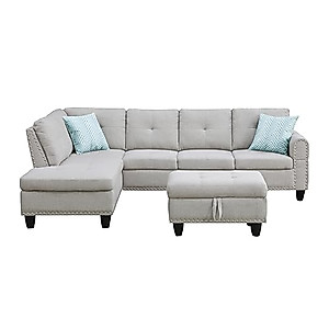 L-Shaped Modular Sectional Sofa Couch with Right Chaise, 5 Seaters Faux Leather Upholstered Corner Sofa&Couch W/2 Cup Holders and Storage Ottoman for Home Apartment Office Living Room Furniture Sets