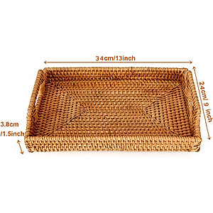 Natural Rattan Serving Tray with Cut-Out Handles, 13x9x1.6inch Hand-Woven Rectangular Rattan Wicker Tray for Storage Breakfast, Drinks, Snack, Fruits, Coffee Table, Home Decor