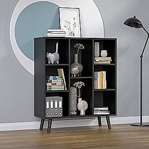 Cozy Castle Black Small Bookshelf, Wood 8 Cube Storage Organizer Book Shelves with Anti-Tilt Device, Freestanding Modern Bookcase for Bedroom, Office, Living Room