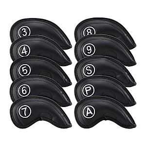 Golf Irons Club Head Covers, Golf 10pcs Set Thick PU Leather Waterproof Head Covers with Number Tag 3-9/A/P/S Fit Most Irons Club (Black)