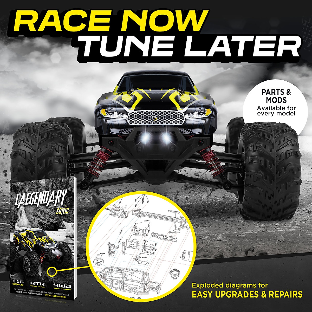 LAEGENDARY 1:16 Scale 4x4 Off-Road RC Truck - Hobby Grade Brushed Motor RC Car with 2 Batteries, Waterproof Fast Remote Control Car for Adults