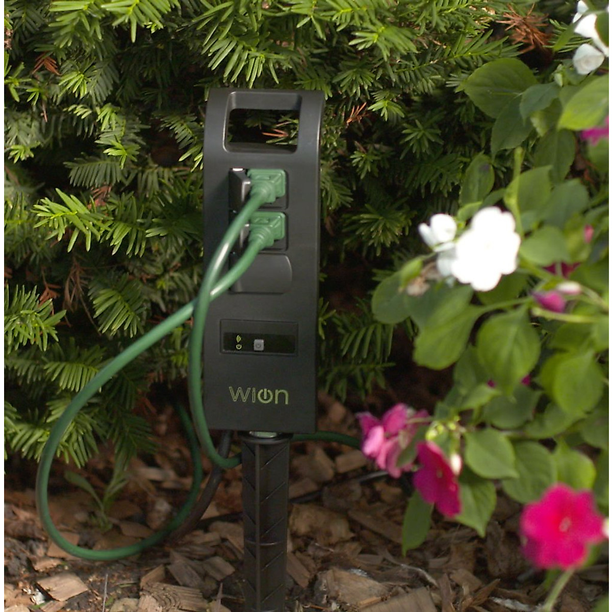 WiOn 50053 Outdoor Wi-Fi Plug-In Yard Stake With Smartphone Or Tablet Automation for up to 12 devices; 3 Grounded Outlets And 6 Foot Cord