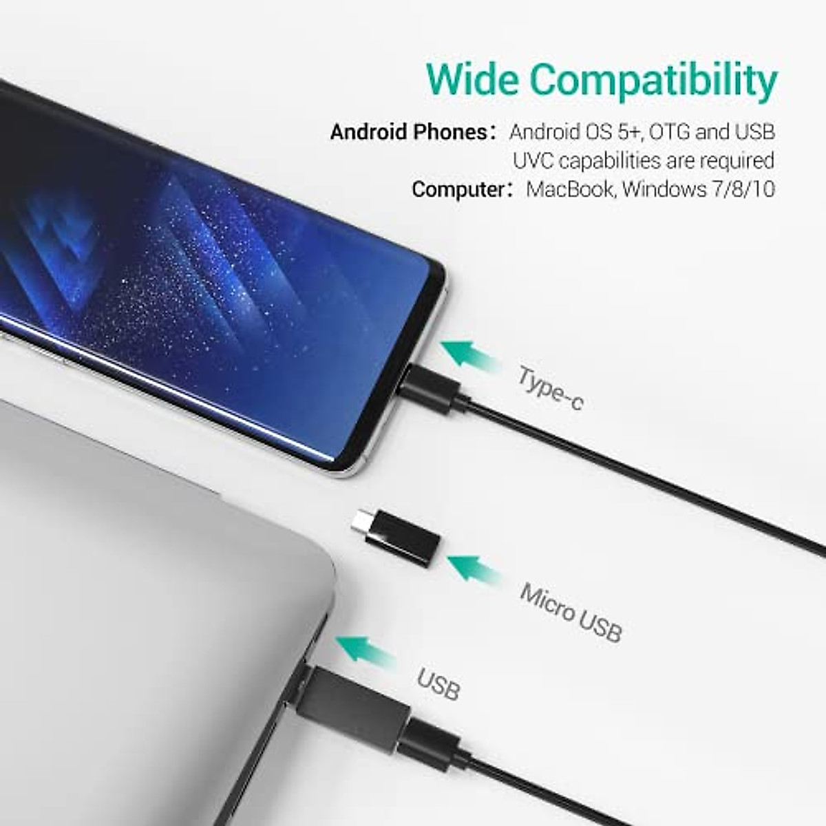 USB Endoscope Camera, DEPSTECH 720P IP67 Waterproof Borescope, 5.5mm Snake Inspection Camera, Type-C Scope Camera with 16.5ft Semi-Rigid Cable, 6 LED Lights, Compatible with OTG Android Phone, PC