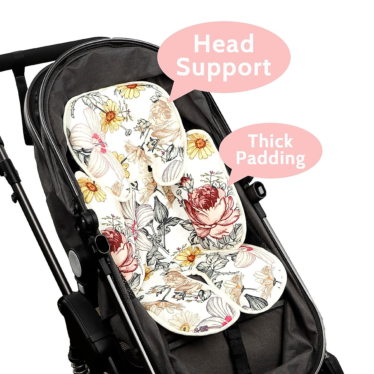 Floral Car Seat Insert,Cushion for Stroller, Swing, Bouncer, 2-in-1 Reversible, Floral Baby Car Seat Cover for Girl,Infant Carseat Canopy Sun Cover，Baby Carrier Cover with Zipped Peep Windows