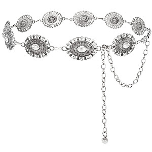 VONMELLI Western Belts for Woman Cowgirl Boho Concho Chain Waist Belt for Country Concert Dresses Jeans Silver-Shiny M