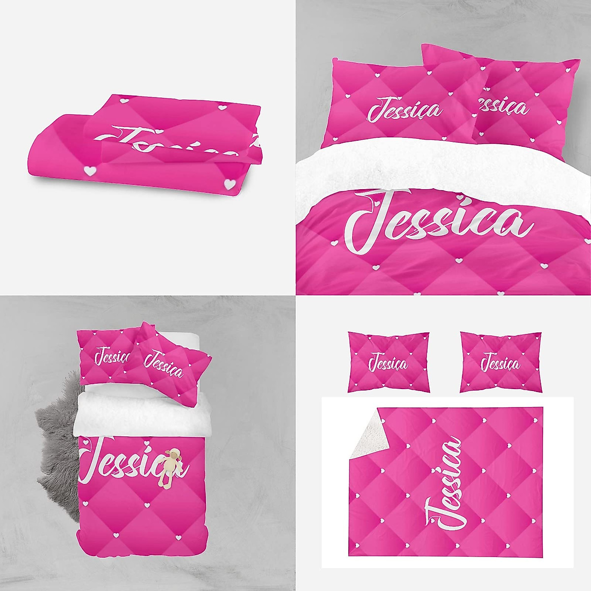 XIUCOO Personalized Pink Heart Print Duvet Cover Sets with Name Bedding Set 3 Pcs Quilt Cover with Zipper for Adult Birthday Gift,Queen Size