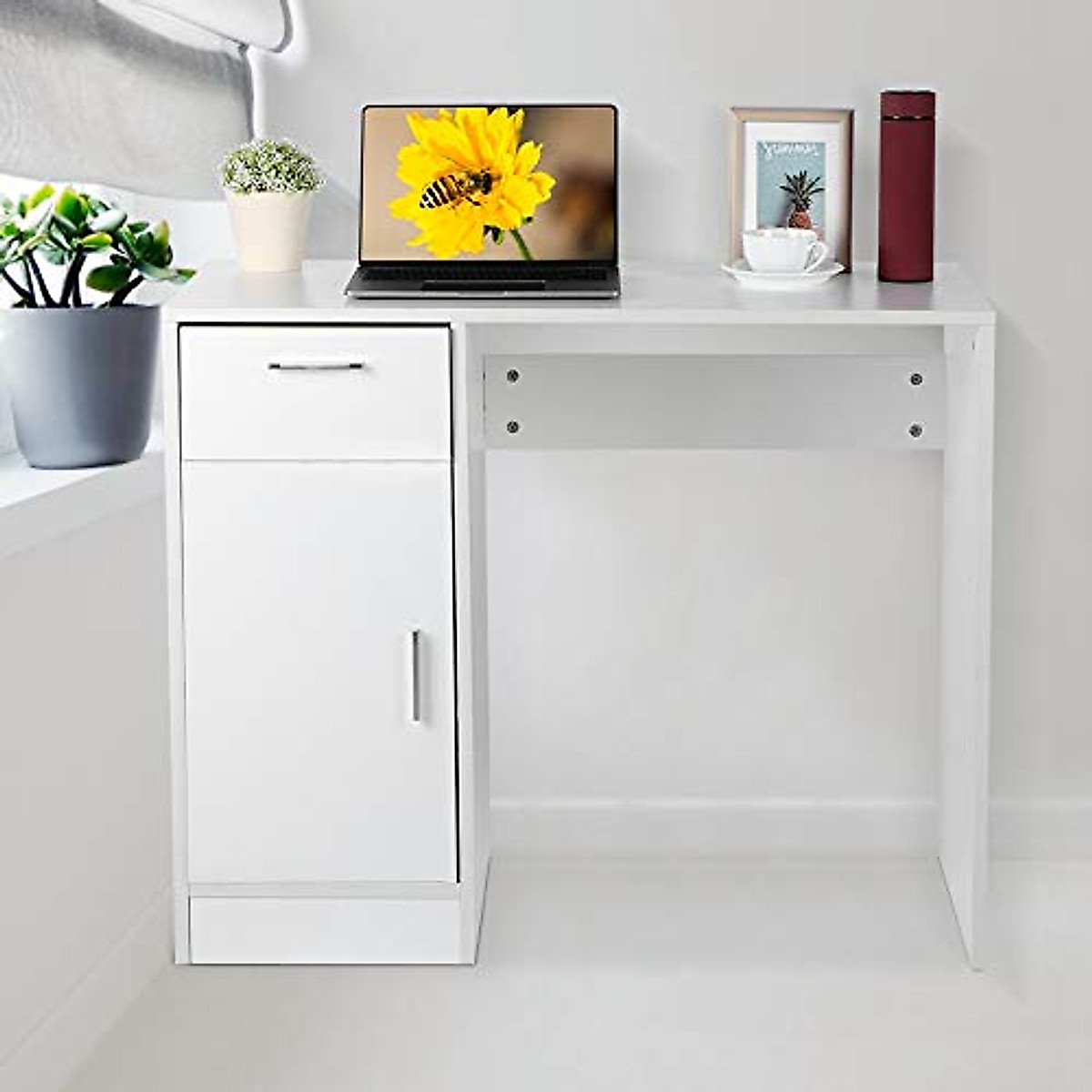 Zerone Desktop Table, 1 Drawer 1 Door Compact Computer PC Laptop Desk Table Workstation for Home Office Use(White)