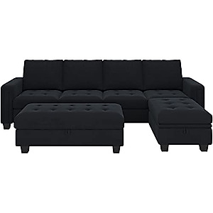 Belffin Velvet Convertible 4-Seat Sectional Sofa with Reversible Chaise L Shaped Sofa Couch Furniture Sets Sectional Couch with Storage Ottoman Black