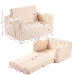 MOMCAYWEX Kids Chairs for Toddler, 2-in-1 Toddler Soft Sherpa Couch Fold Out, Convertible Sofa to Lounger for Girls and Boys, Cream