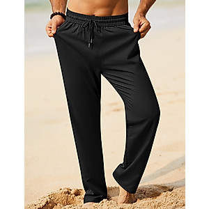 iWoo Mens Elastic Waist Drawstring Pants Summer Beach Pants Linen Yoga Pants Black XL