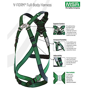MSA 10197231 V-Form Full Body Safety Harness - Size: Extra Large, D-Ring Configuration: Back/Hip, Qwik Fit Leg Straps, Color: Green, Full Body Harness, Durable, Fall Protection