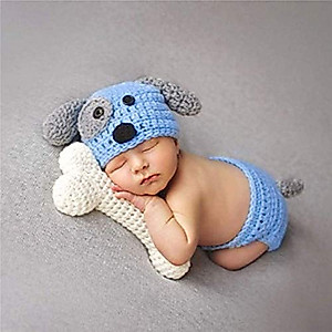 Newborn Baby Boy Girl Photo Props Outfits Crochet Knitted Dog Hat Shorts with Bone Set for Boys Girls Photography Shoot (Blue & White ，1-12 Months)