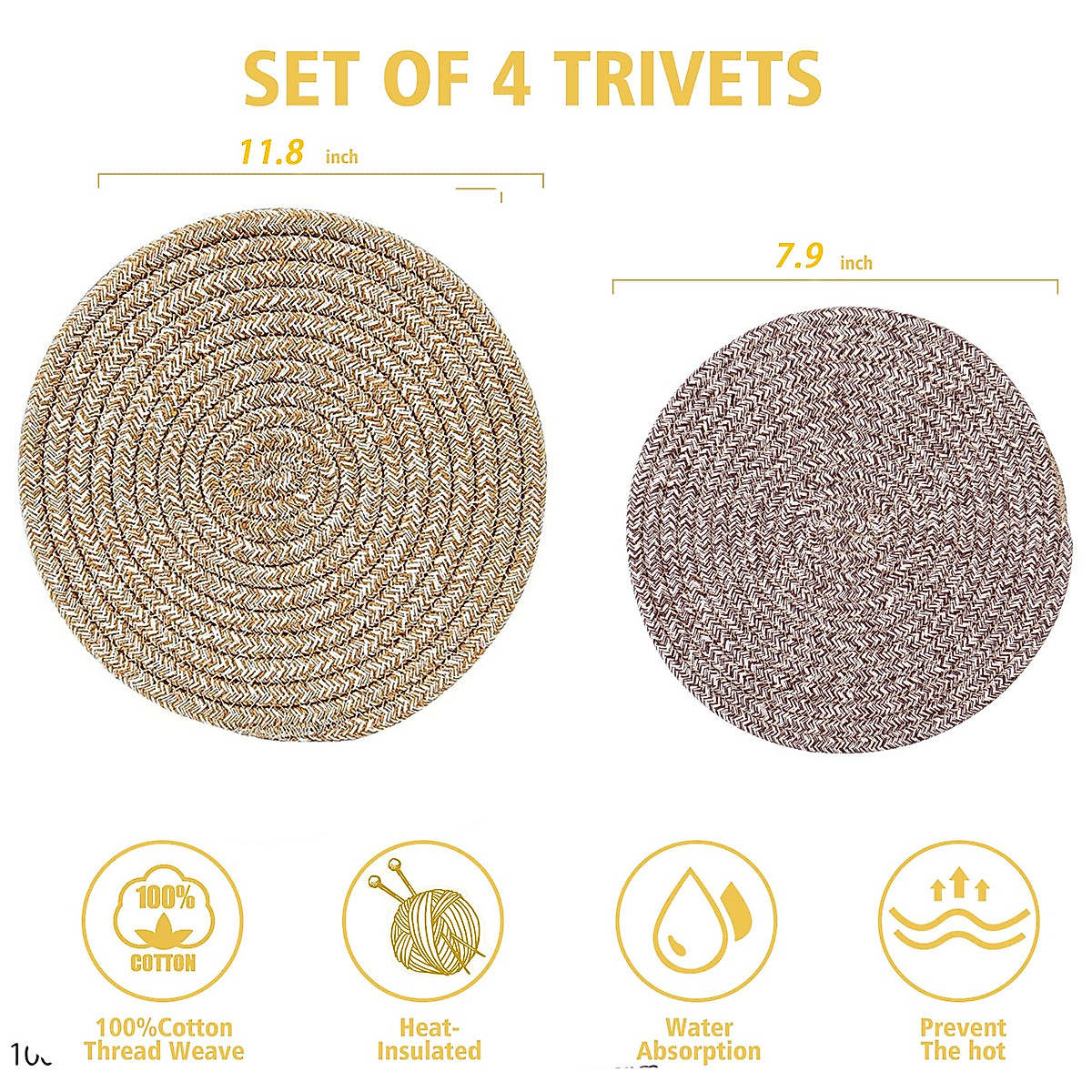 Trivet Round Hot Pads 4pcs 7.9 Inches*9.5inches Diameter 100% Eco Pure Cotton Thread Weave Trivets for Hot Pots and Pans/Kitchen Trivets for Hot Dishes Hot Pot Holders