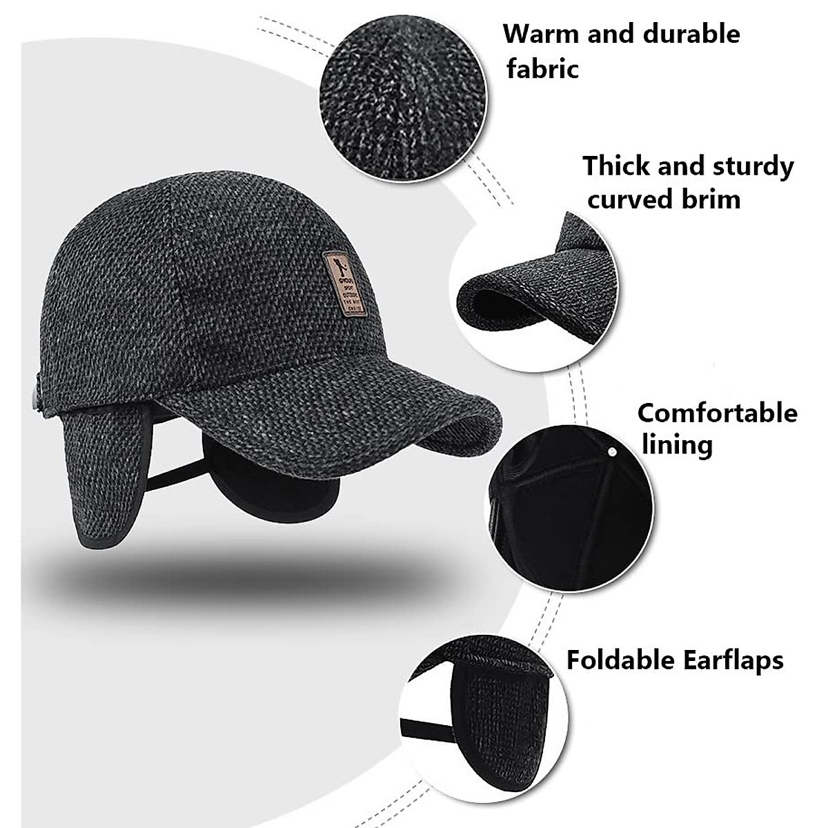 EDIKO Winter Hats for Men Baseball Cap Warm Dad Caps with Earflaps Adjustable Black